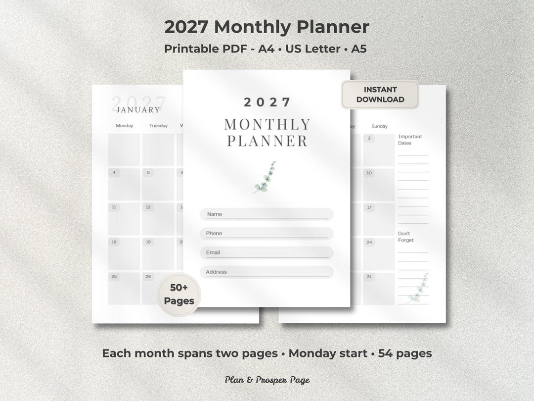 2027 Monthly Planner Printable | Minimalist Design, Monday Start (PDF ...