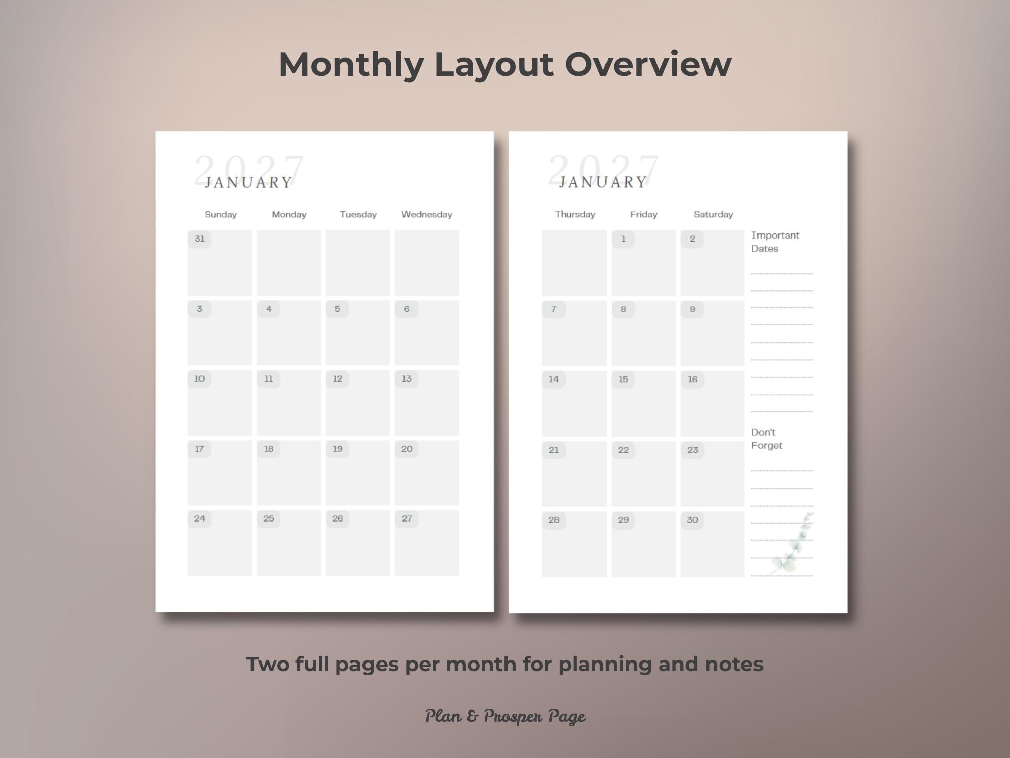 2027 Planner Printable | Monthly Planner PDF, Sunday Start | Minimal ...