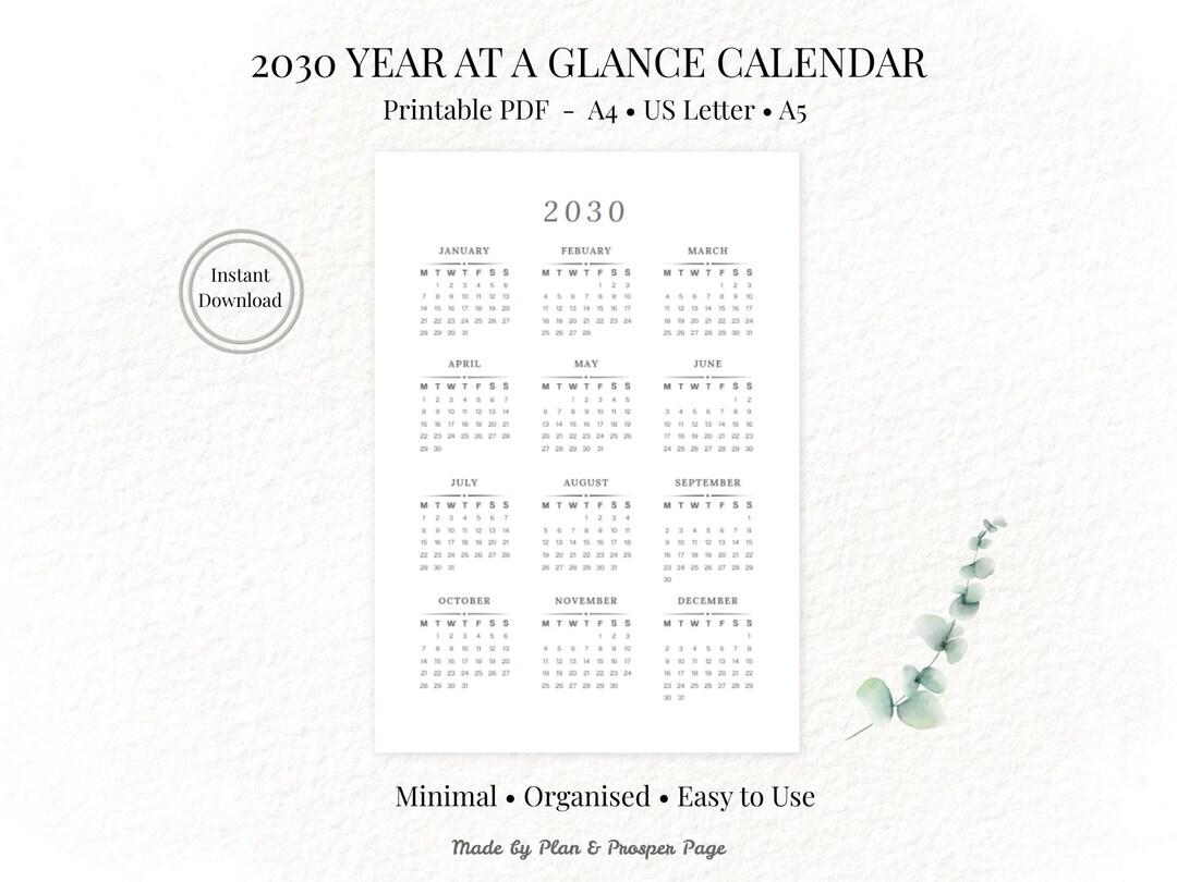 2030 Year at A Glance Calendar | Minimal Printable (A4, A5, US Letter ...