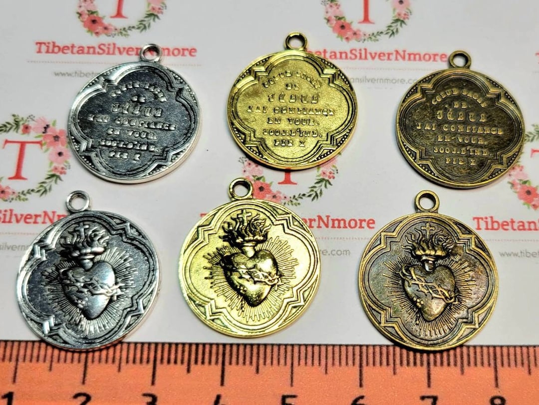 6 Pcs per Pack 21mm Sacred Heart Coin Charm Antique Silver Lead Free ...