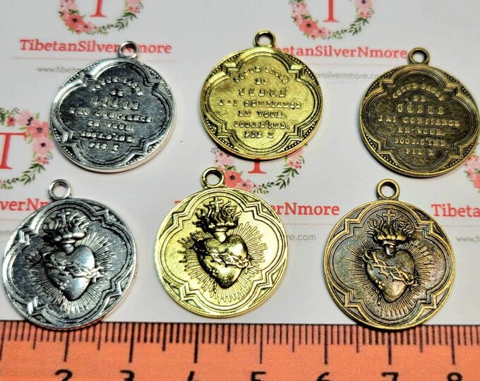 6 Pcs per Pack 21mm Sacred Heart Coin Charm Antique Silver Lead Free ...