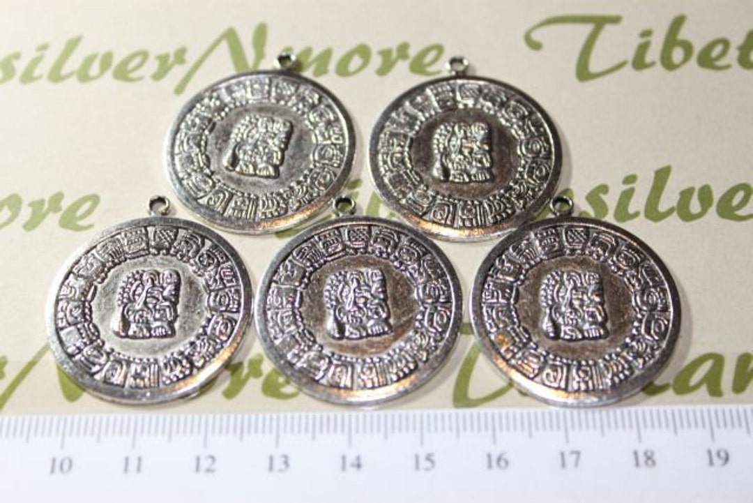 10 Pcs per Pack 22mm Mayan Glyph Large Charm 2mm Loop Antique Silver ...