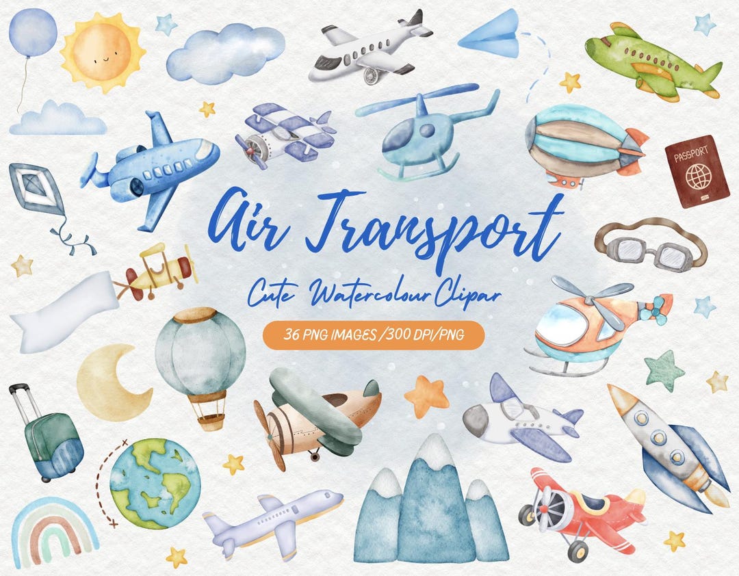 Air Transport Watercolor Clipart | Airplane Helicopter PNG, Travel ...