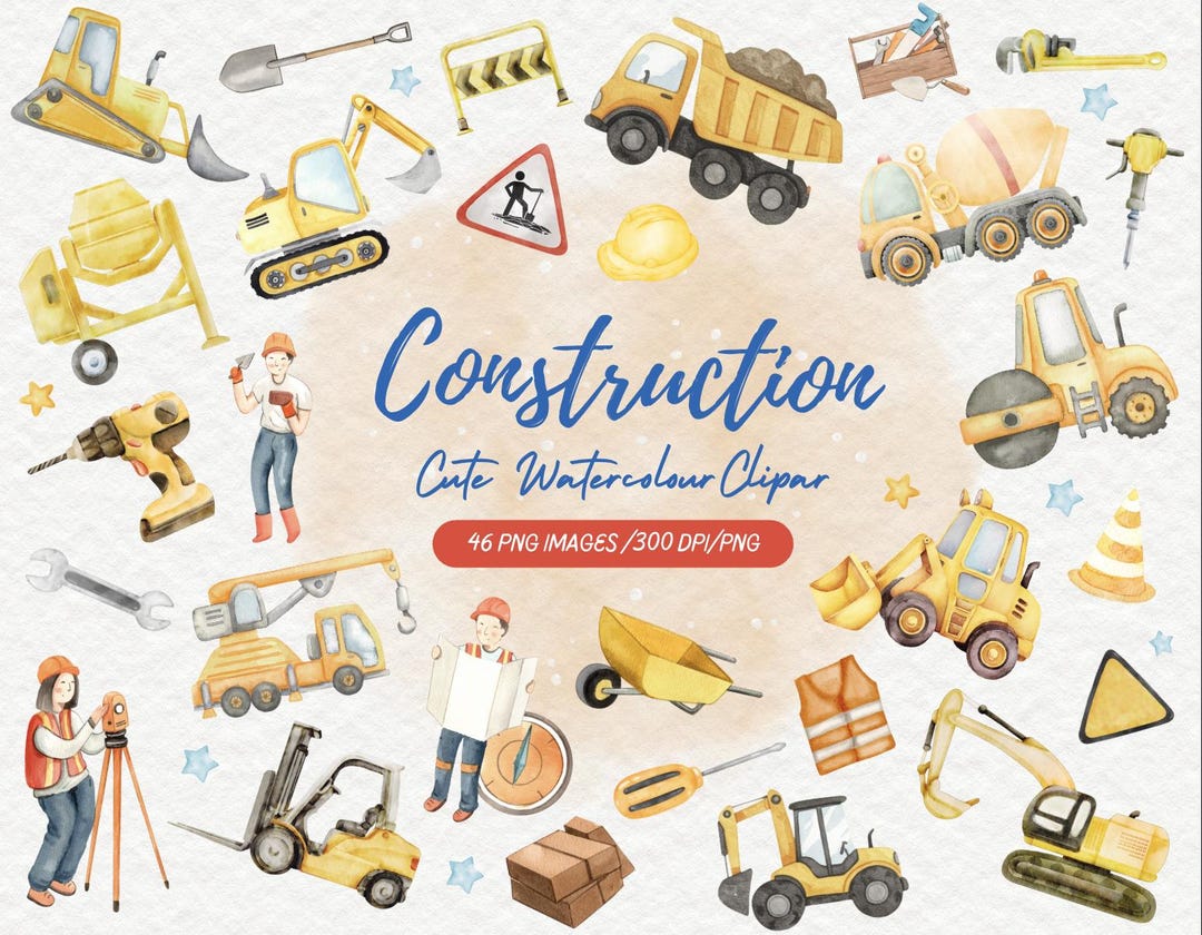 Construction Watercolor Clipart | Construction Vehicles PNG, Building ...