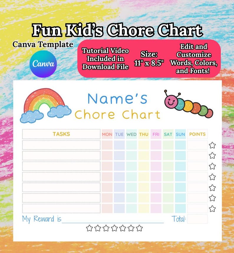 Kid's Chore Chart, Editable, Printable, Easy and Fun Task Chart/planner, Digital Download - Etsy