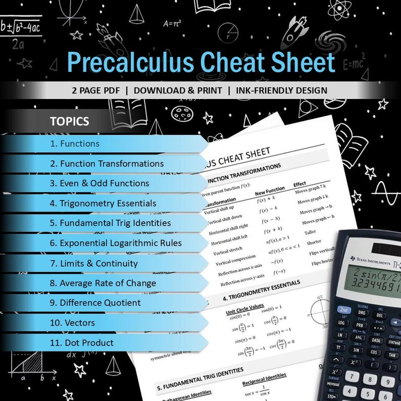 Precalculus Cheat Sheet | Printable Math Study Guide | Trig, Functions ...
