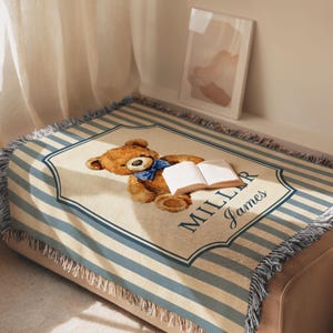 Personalized Teddy Bear Baby Blanket, Custom Name Nursery Woven Throw ...