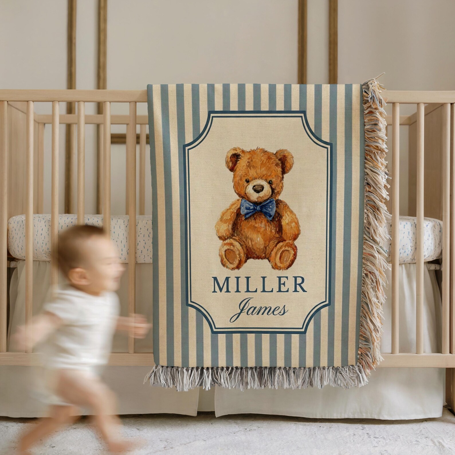 Personalized Teddy Bear Baby Blanket, Custom Name Nursery Woven Throw ...