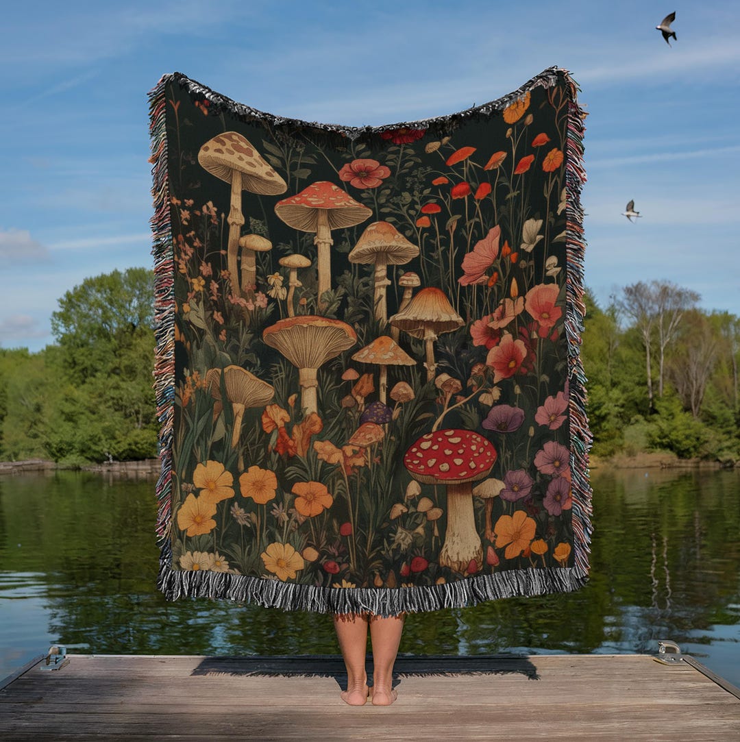 Mushroom Garden Woven Blanket | Cottagecore Decor Forest Fungi Throw ...