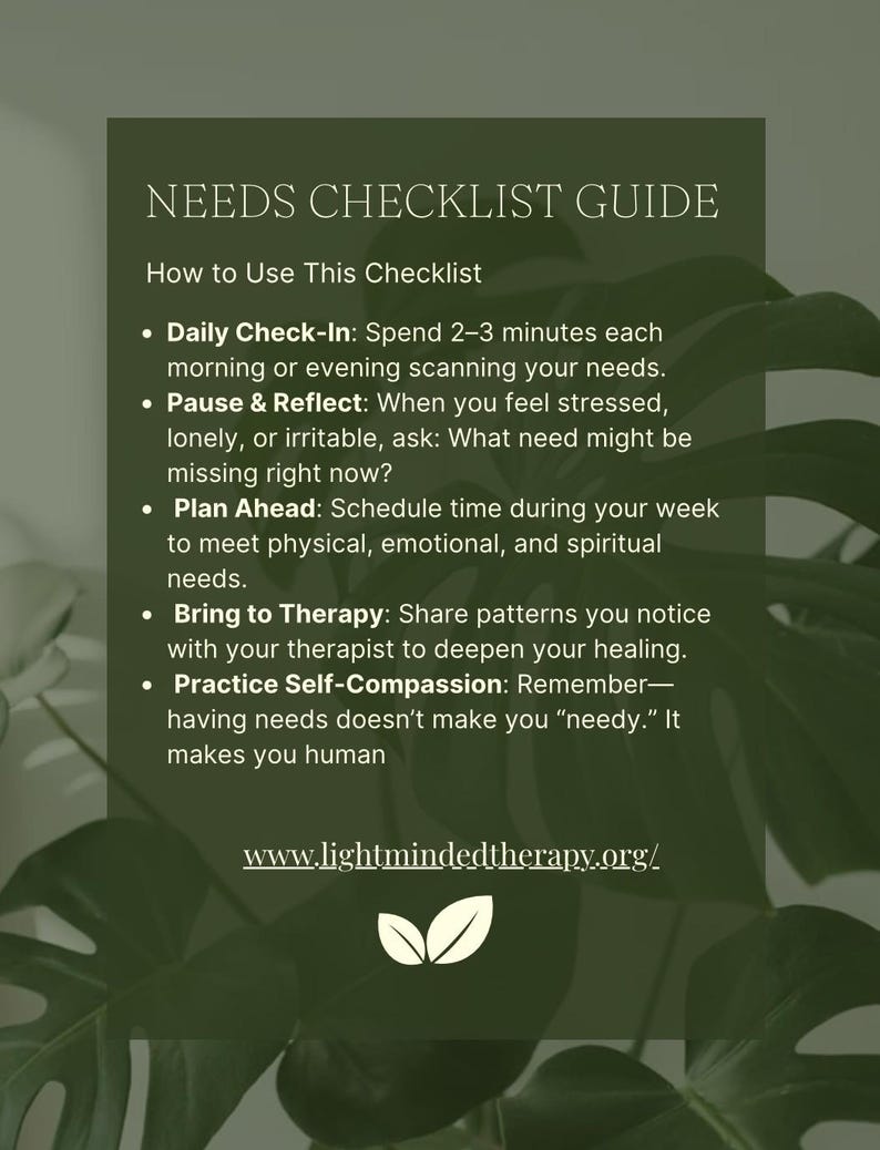 Needs Checklist | Self-care Needs List|mental Health Printable ...