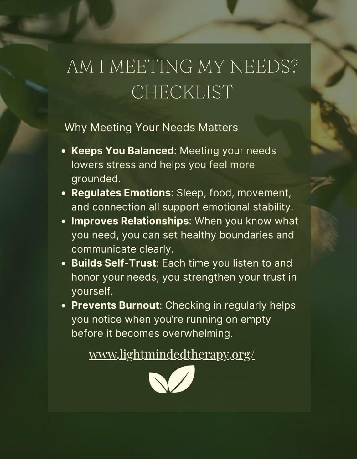 Needs Checklist | Self-care Needs List|mental Health Printable ...