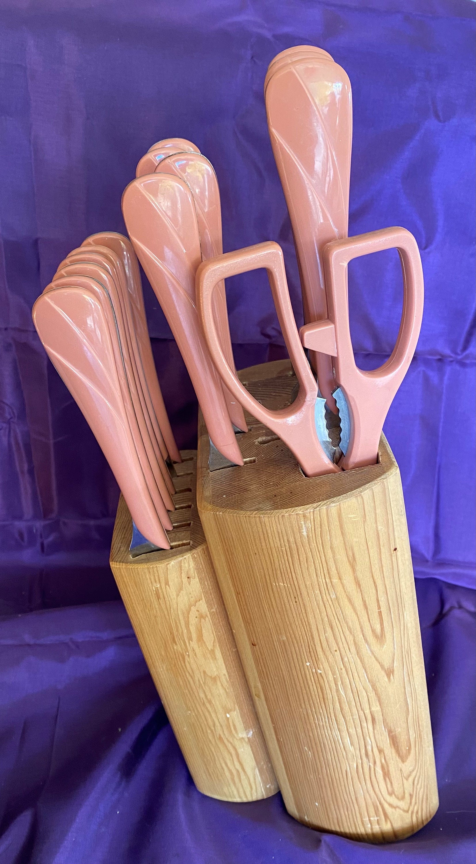 Old Fiesta Pink Handled 15 Piece Knife Set/butcher Block - Etsy