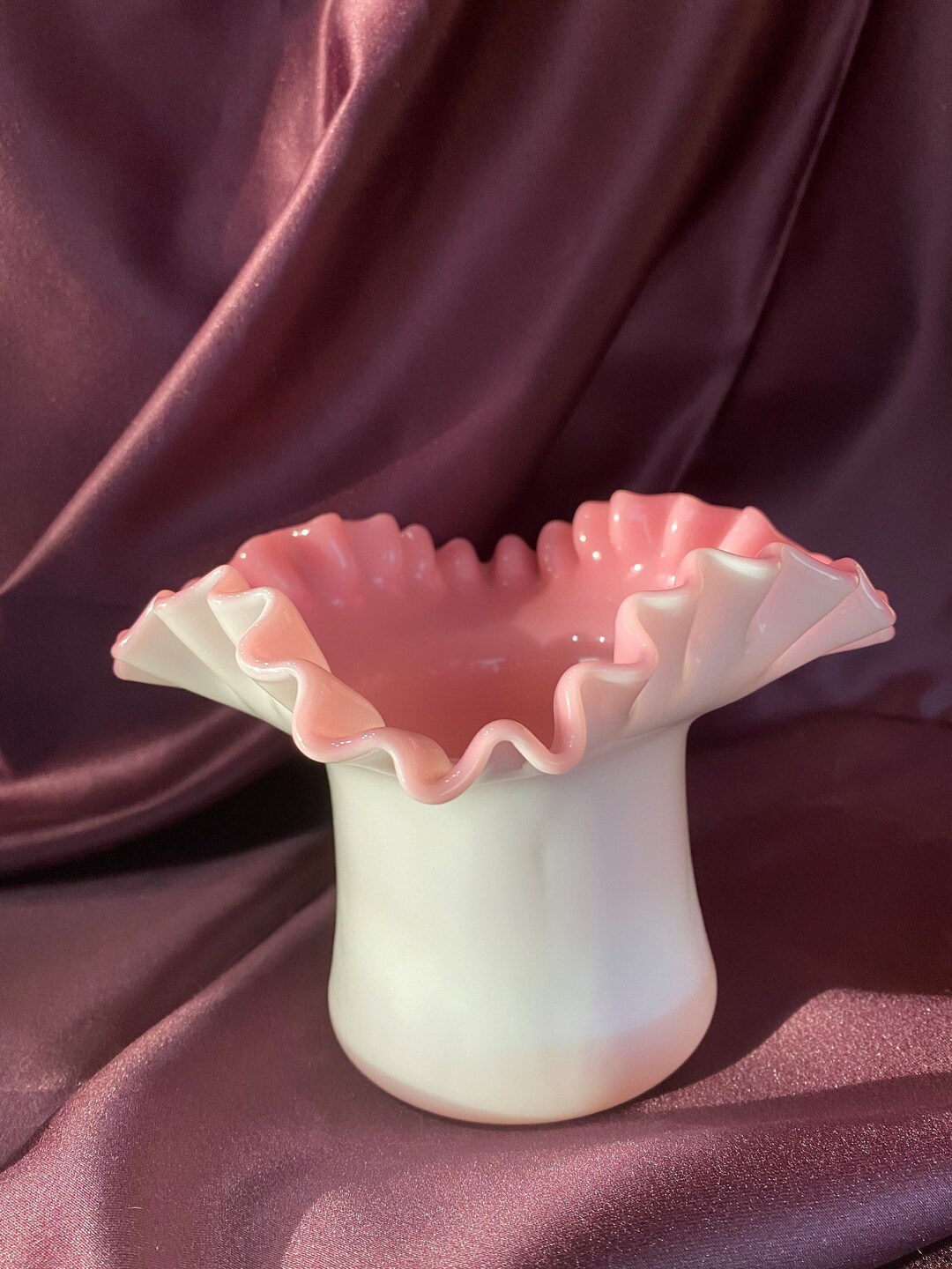Fenton Square Topped Milk Glass/pink Ruffled Vase - Etsy