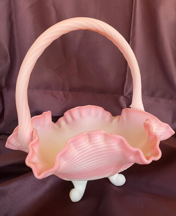 Rare Vintage Fenton Pink Glass Stripedribbedruffled Footed Etsy