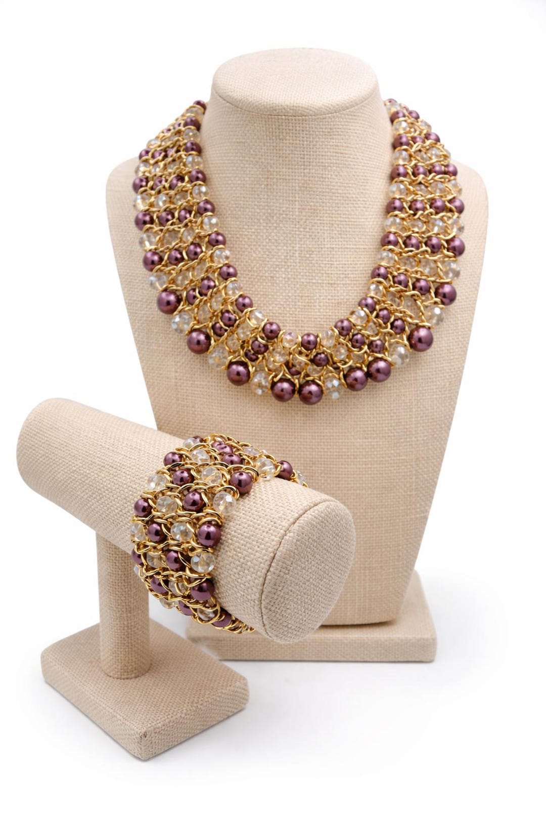 Vintage Woven Chain Necklace & Bracelet Set With Plum Glass Beads and ...
