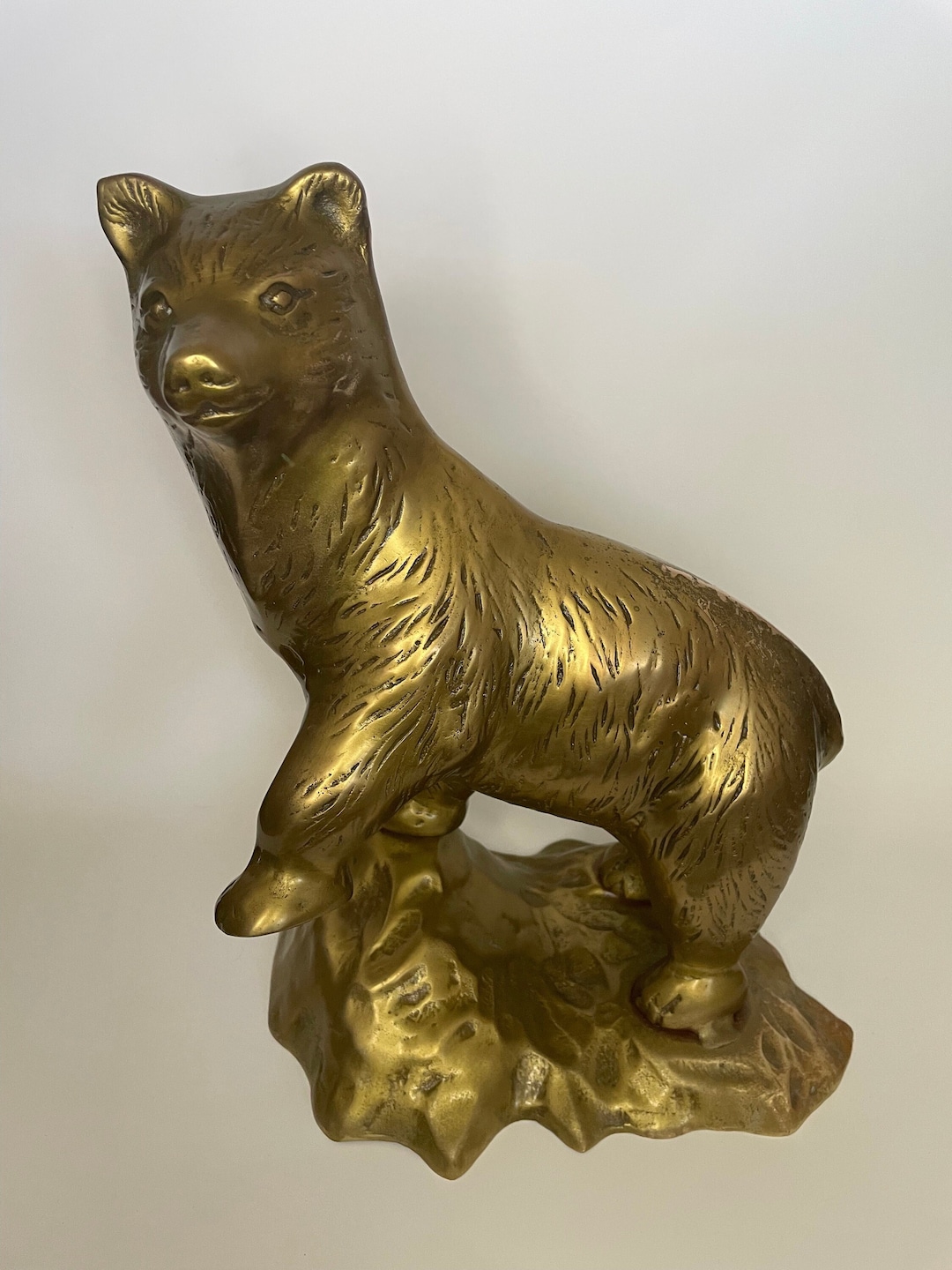 Large Vintage Brass Bear Standing on Mountain Statue, Forest Figurine ...