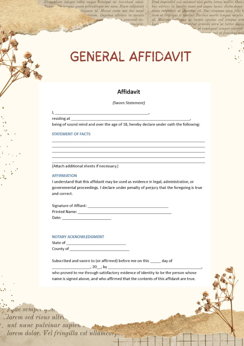 General Affidavit Template – Fully Editable MS Word Document (instant ...
