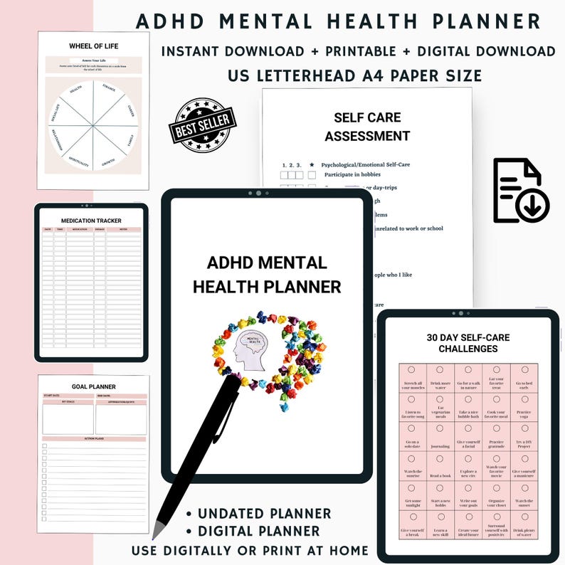 ADHD Mental Health Planner | Digital Download | Anxiety, Focus & Self ...