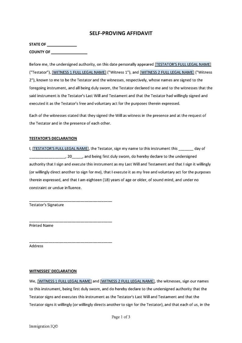 Self-proving Affidavit Template - Editable MS Word Document (instant ...