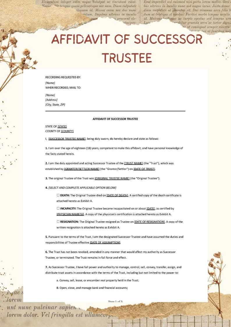 Affidavit of Successor Trustee Template - Editable MS Word Document (instant Download) - Etsy