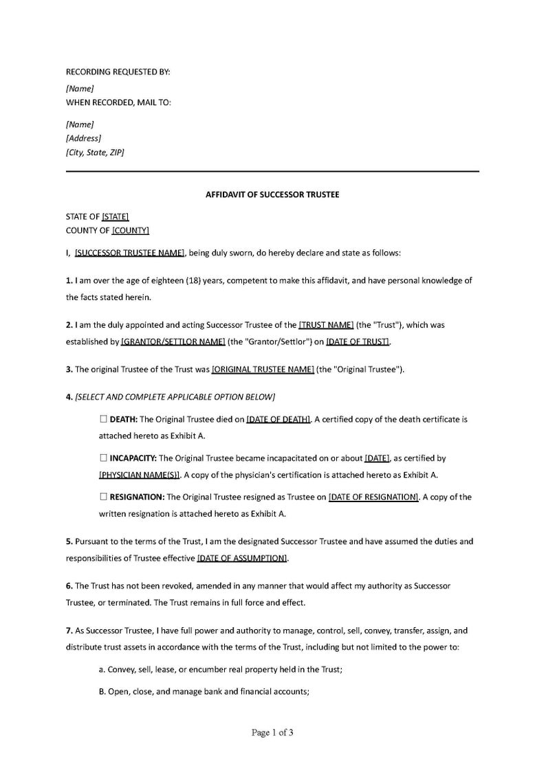 Affidavit of Successor Trustee Template - Editable MS Word Document ...