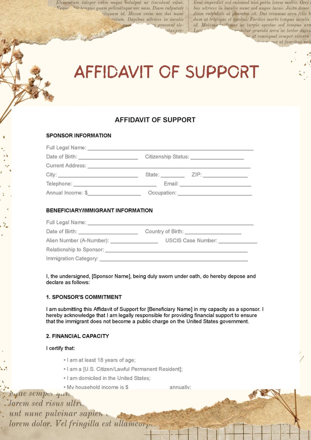 Affidavit of Support Template - Editable MS Word (instant Download) - Etsy