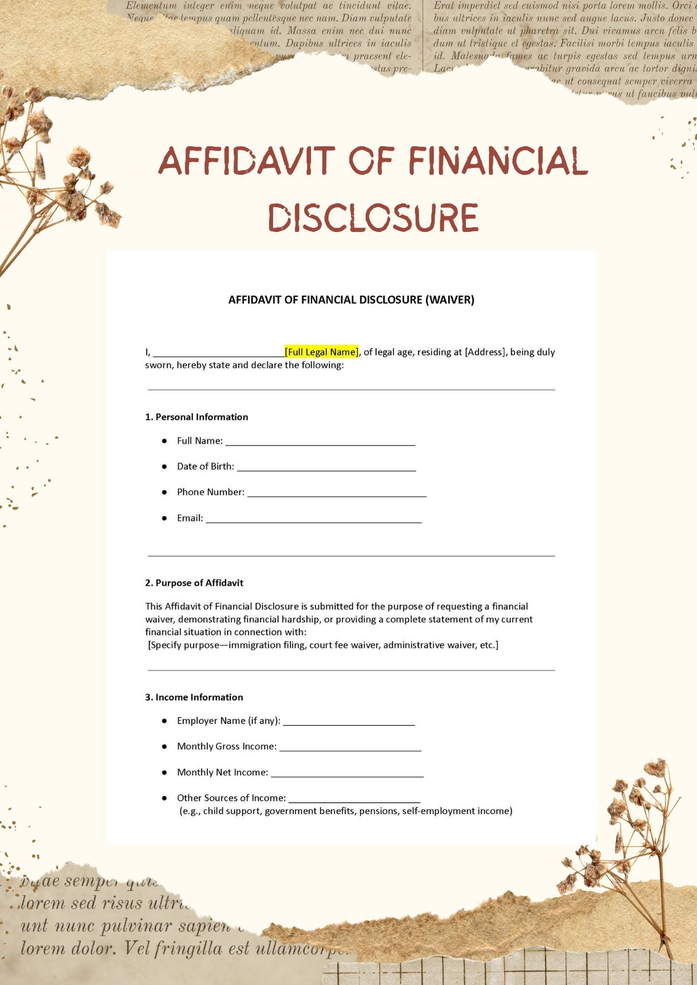 Affidavit of Financial Disclosure (waiver) Template - Editable MS Word ...
