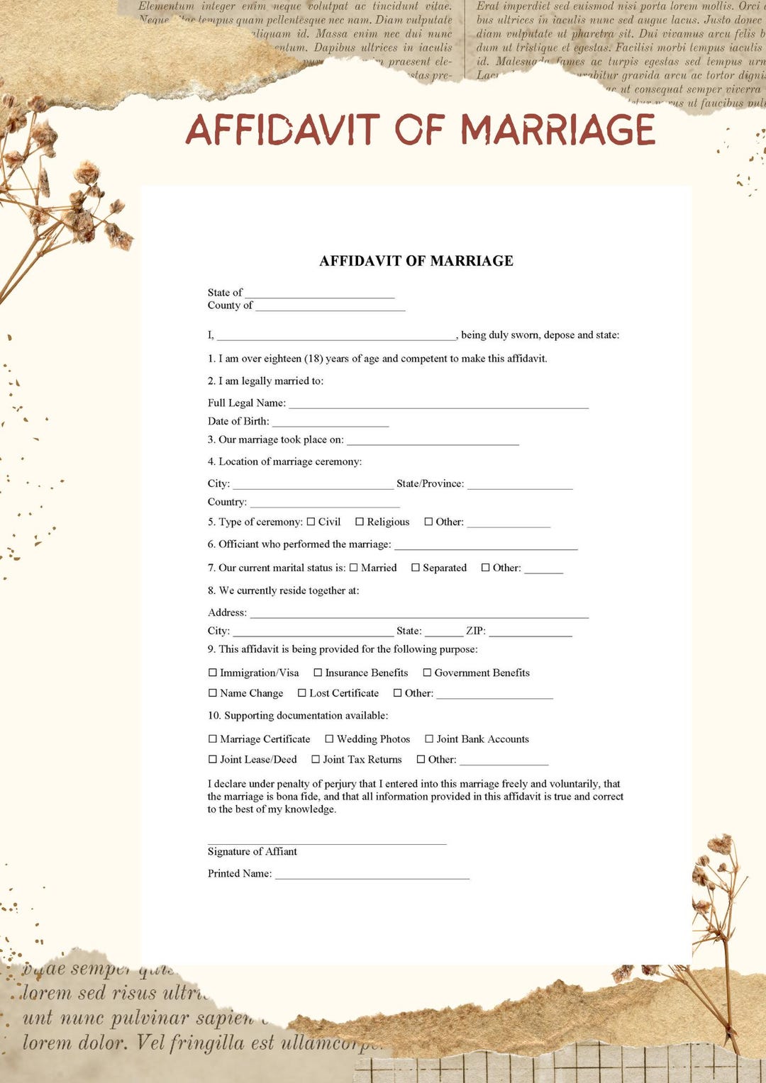 Affidavit of Marriage Template – Instant Download | Editable Microsoft ...