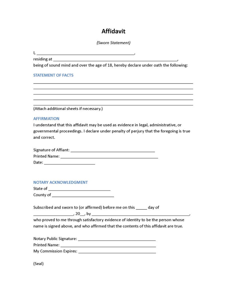 General Affidavit Template – Fully Editable MS Word Document (instant ...