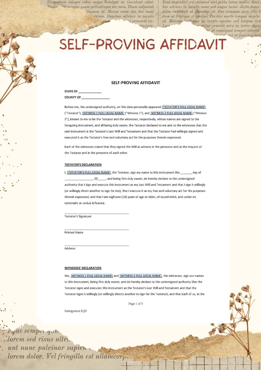 Self-proving Affidavit Template - Editable MS Word Document (instant ...