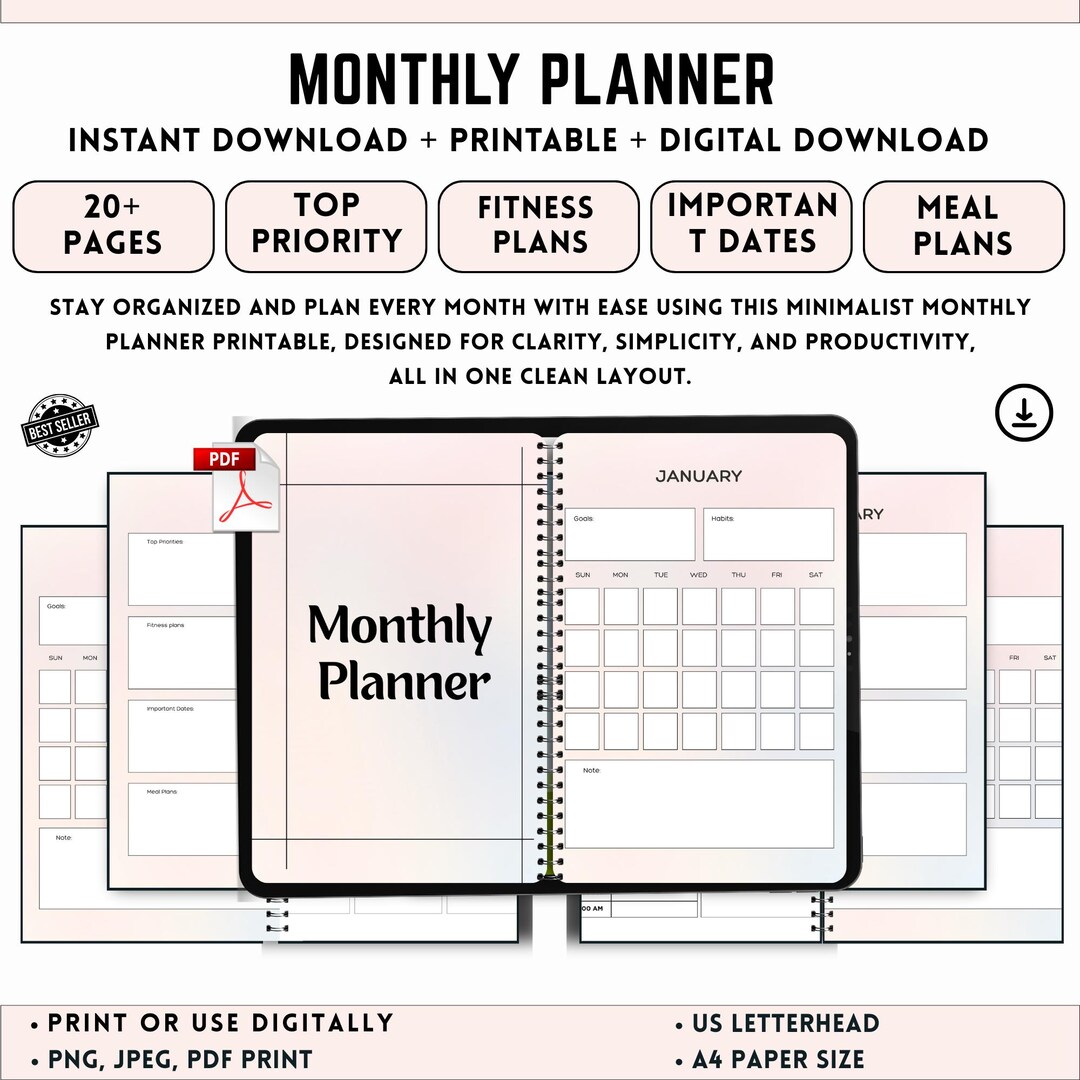 Monthly Planner Printable | Minimalist Calendar PDF | Instant Download ...