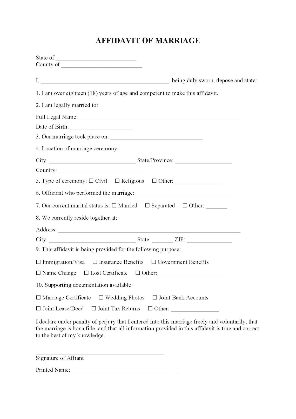 Affidavit of Marriage Template – Instant Download | Editable Microsoft ...