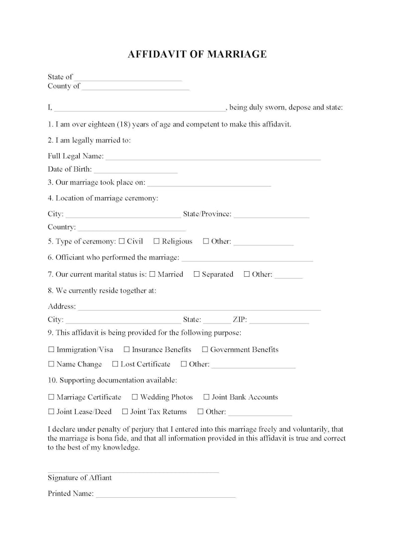 Affidavit of Marriage Template – Instant Download | Editable Microsoft Word Document - Etsy