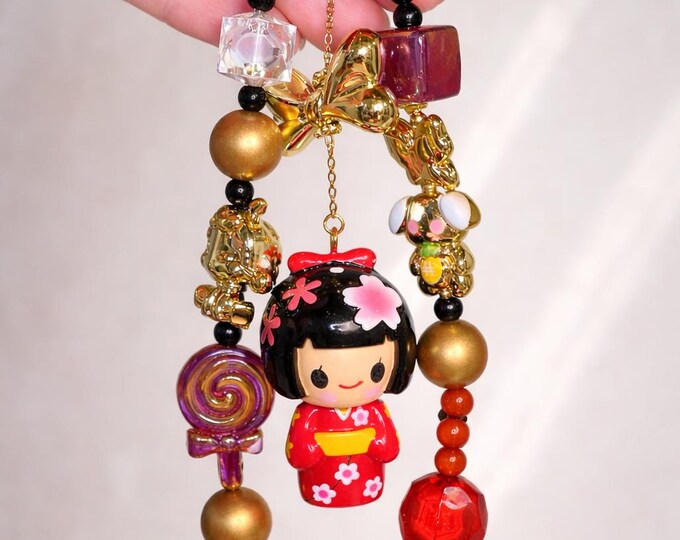 Kawaii Japanese Doll Bag Charm | Red & Gold Beaded Purse Charm - Etsy