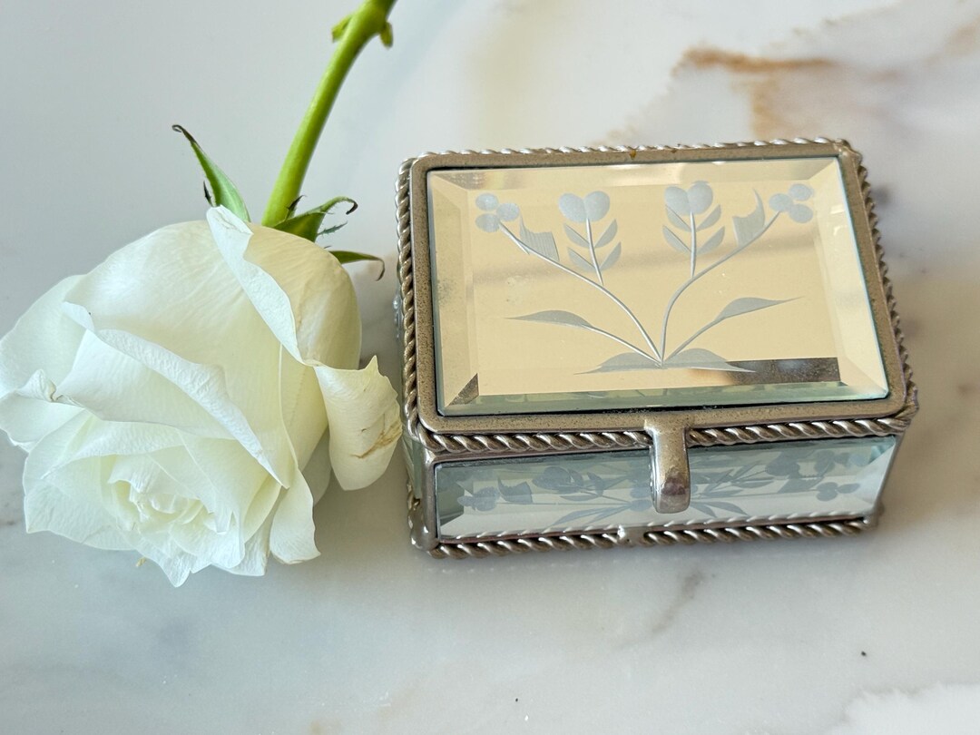 Vintage Mirrored Glass Jewelry Box | Etched Floral, Rope Edge - Etsy