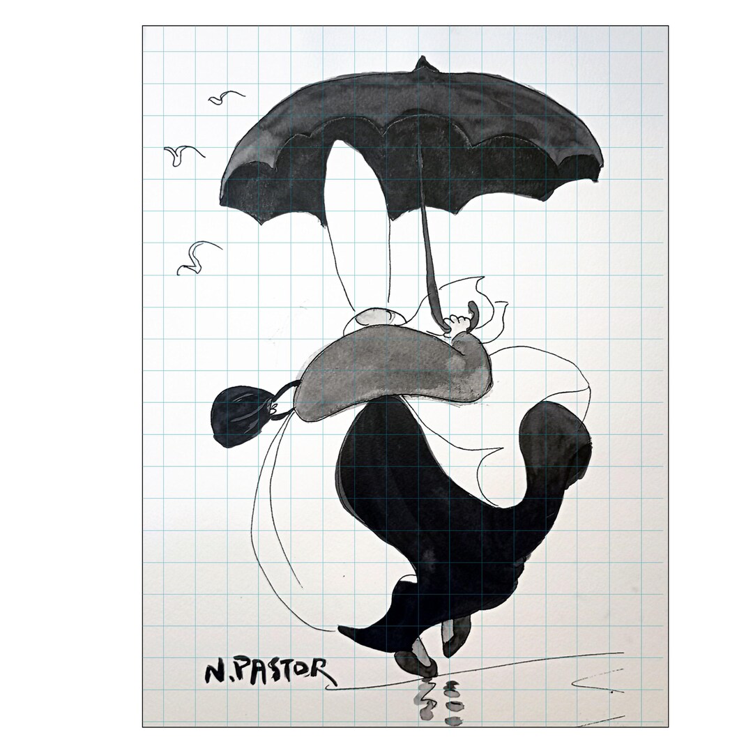 Original Chinese Ink Drawing of a Breton Woman in the Rain | Unique ...