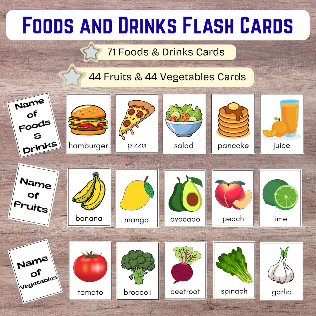 Food Flashcards Printable Bundle, Foods Drinks Fruits Vegetables ...