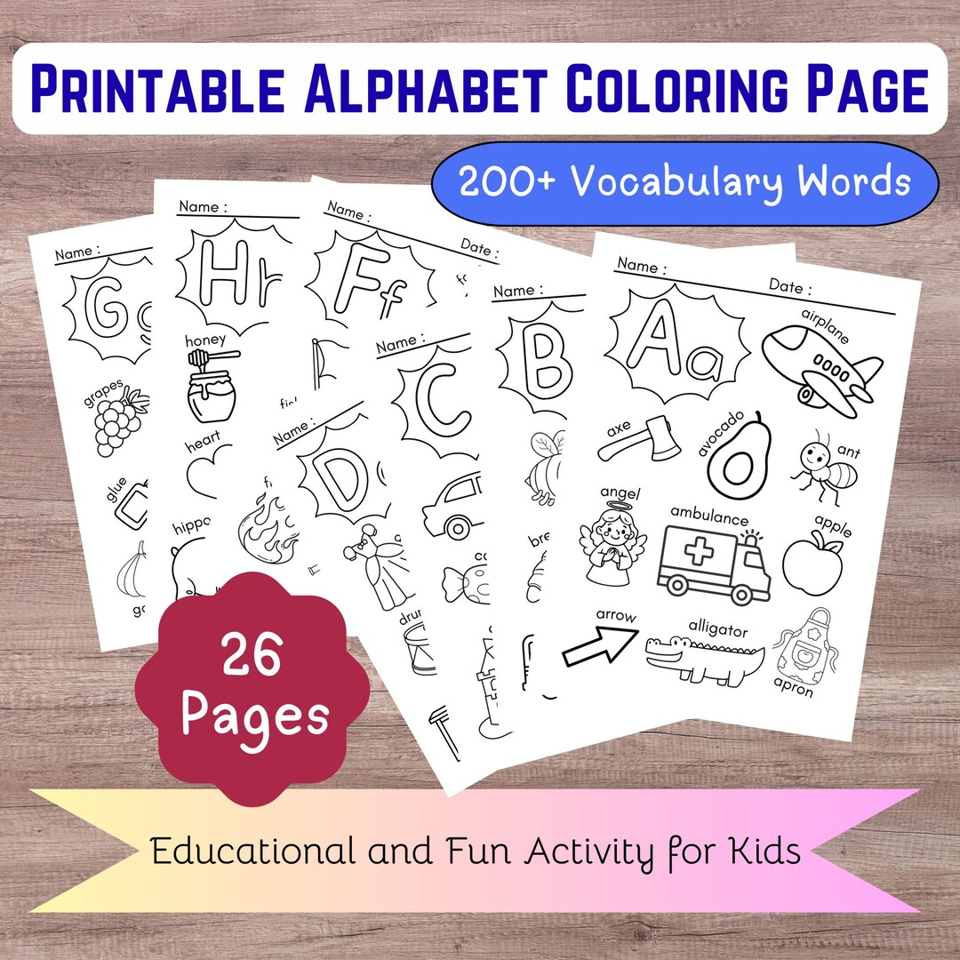Alphabet Coloring Pages, A-Z Vocabulary Builder (printable PDF) - Etsy UK