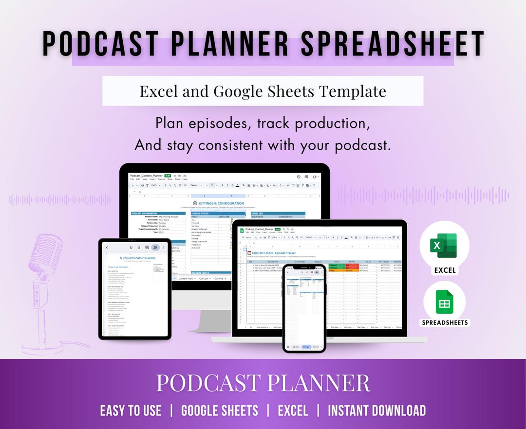 Podcast Planner Spreadsheet, Google Sheets Podcast Content Planner ...