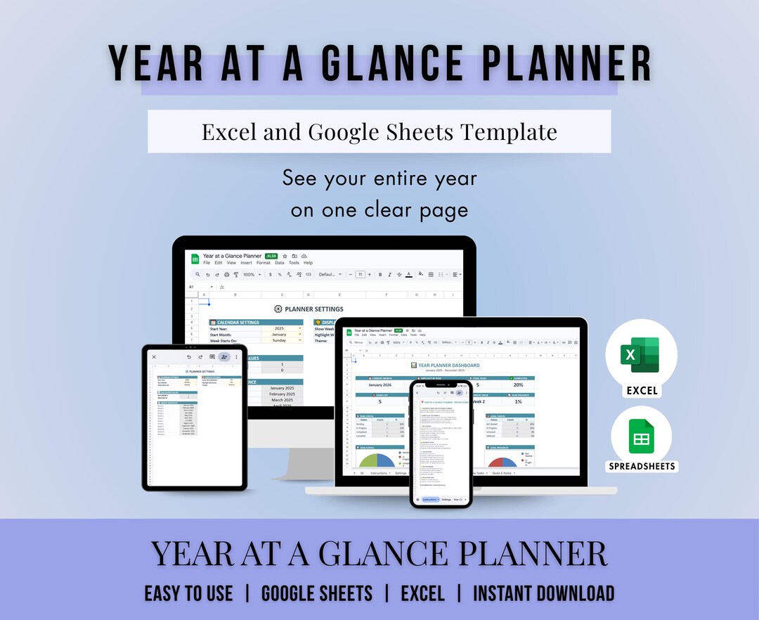 Year at a Glance Planner 2026, Annual Planner Spreadsheet for Google ...