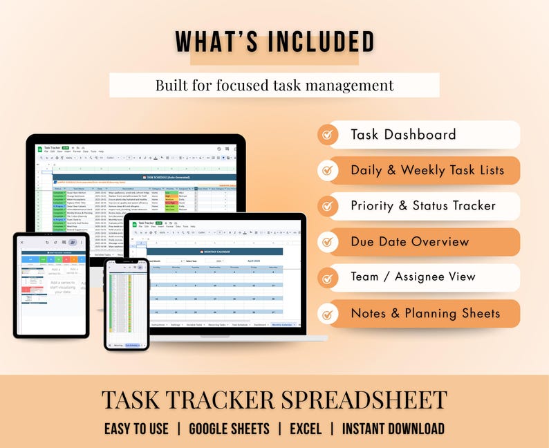 Task Tracker Spreadsheet, to Do List Planner, Google Sheets & Excel ...