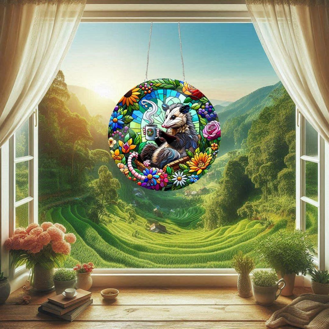 Cute Opossum in Flower Garden Window Art, Acrylic Window Hanging ...