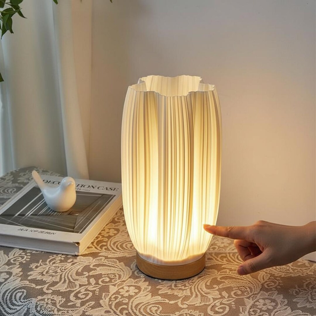 Japandi Minimalist Pleated Night Light Table Lamp - 3D Printed Bedside ...