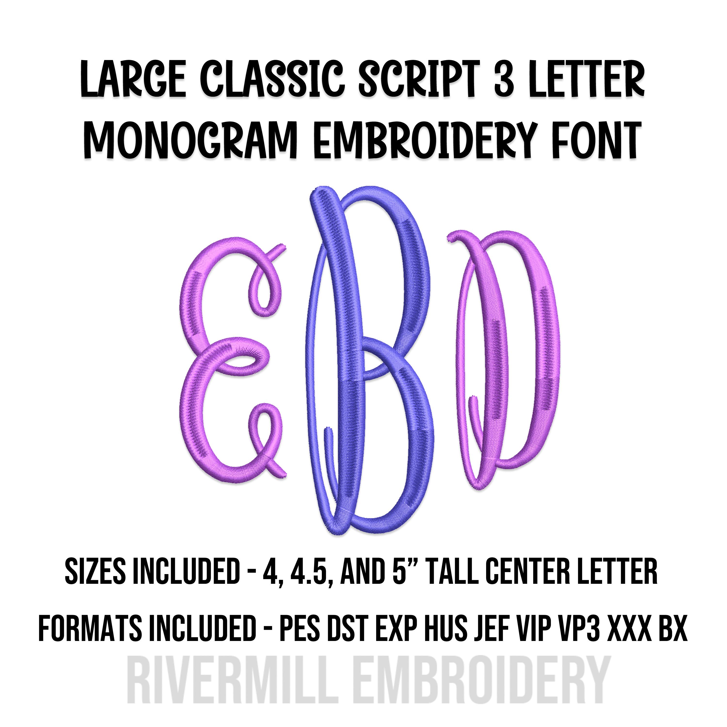 Large Classic Script 3 Letter Monogram Machine Embroidery Font Alphabet ...