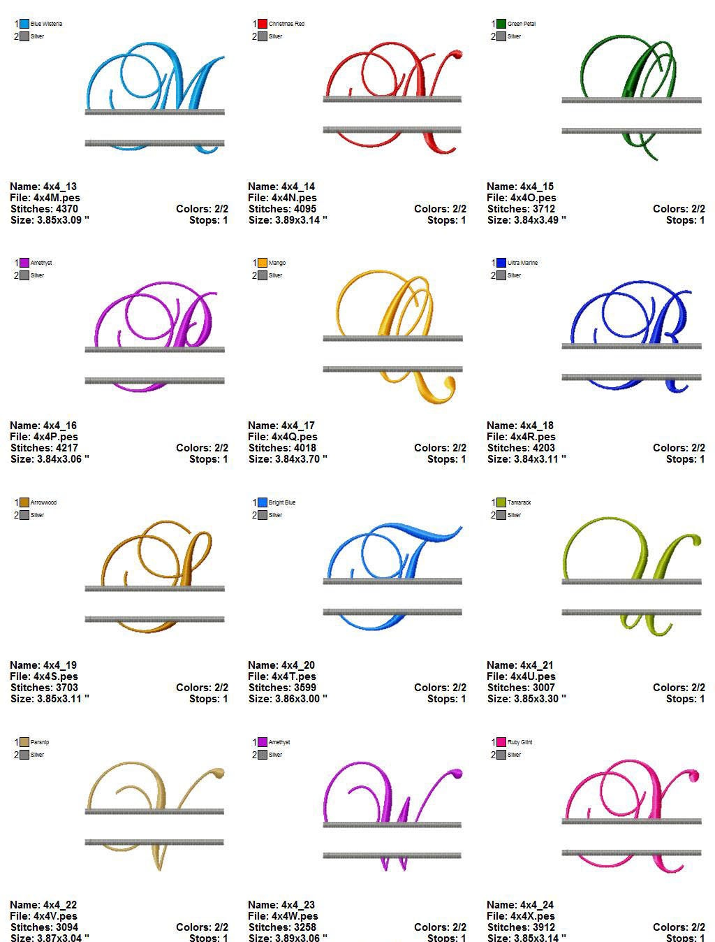 4x4 Size Split Script Machine Embroidery Font Monogram - Etsy