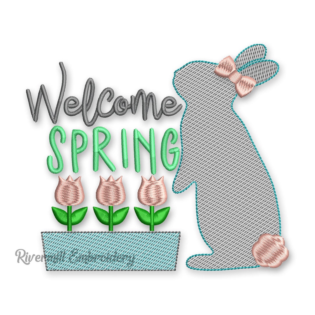 Welcome Spring Rabbit & Flowers Sketch Style Machine Embroidery Design ...