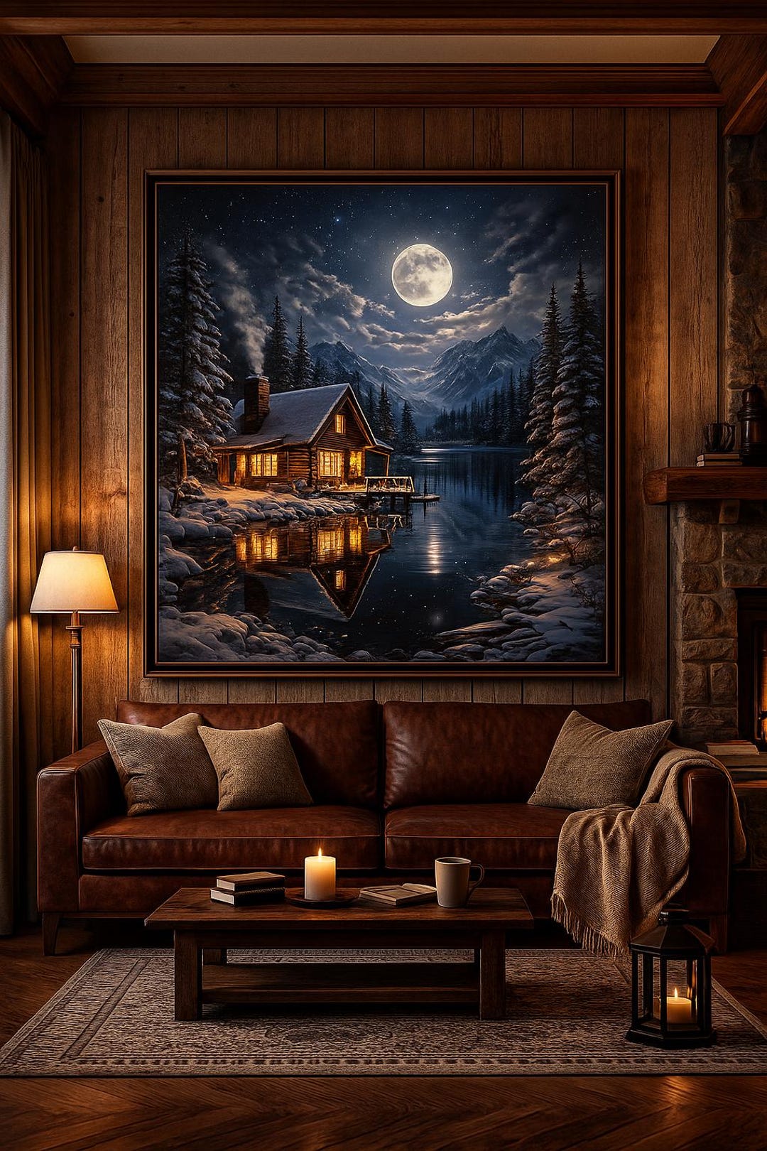 Moonlit Cabin by the Lake – Cozy Winter Night Landscape Print - Etsy