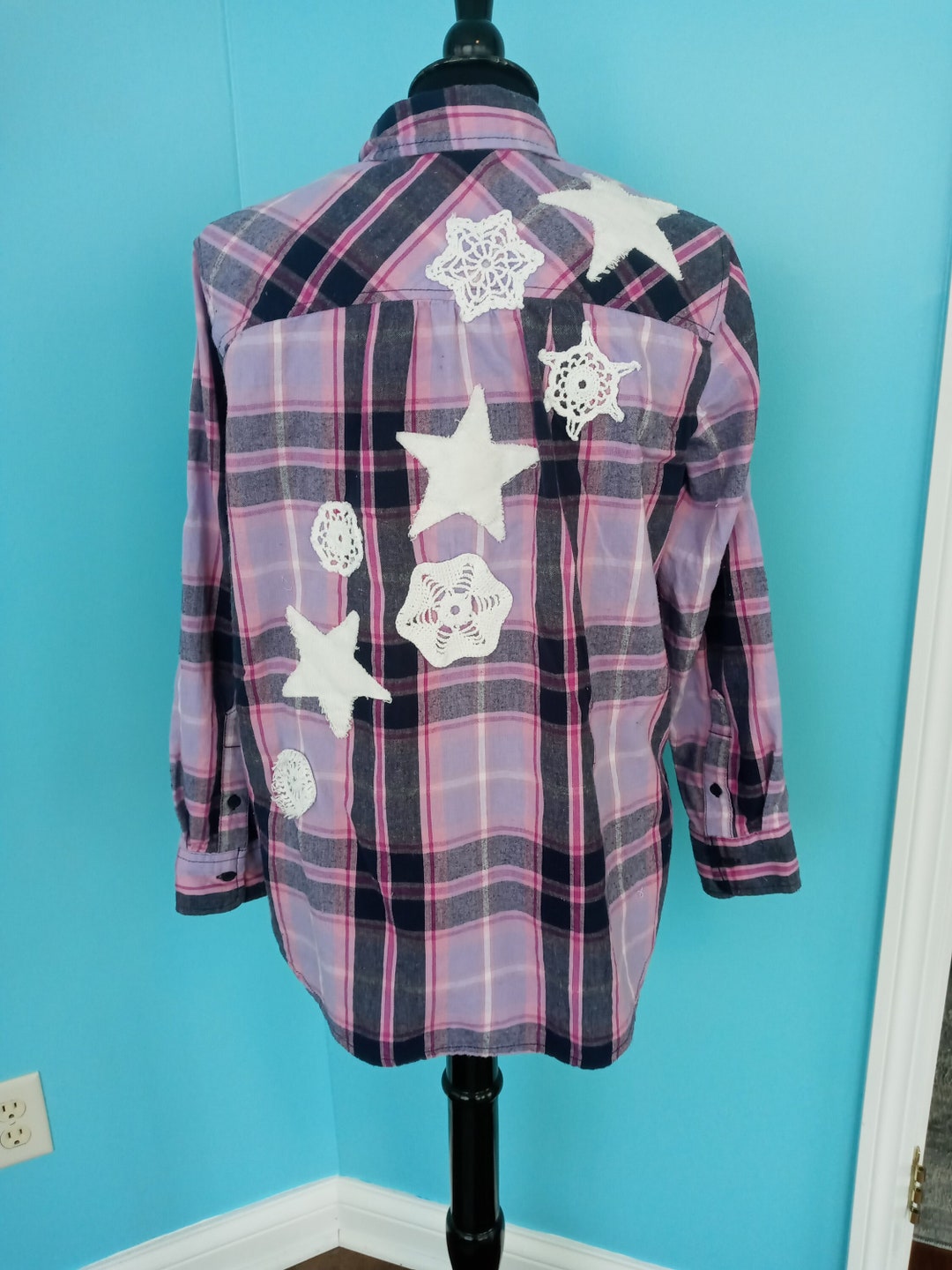 PURPLE Plaid Flannel Shirt STARS & SNOWFLAKES Raw Edges Cottagecore ...