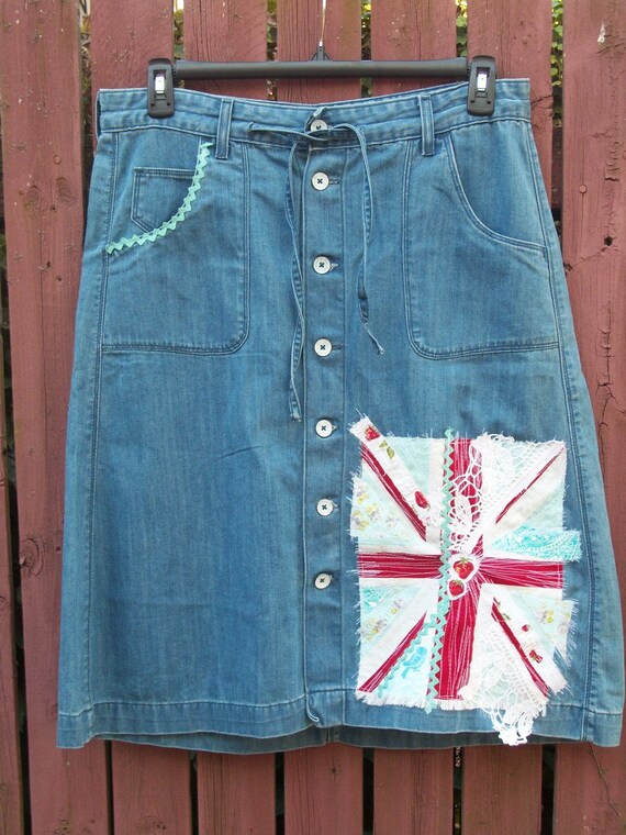 Denim Jean Skirt with Union Jack Patchwork Vintage Skirt | Etsy