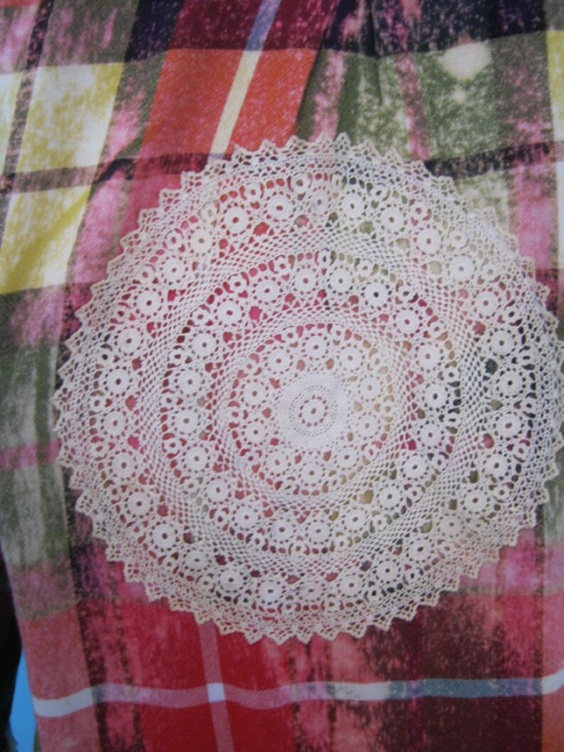 Upcycled Flannel Shirt: Bleach Splatter, Crochet Doily, Lace Trim (size ...